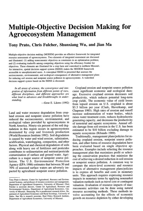 Pdf Multiple Objective Decision Making For Agroecosystem Management