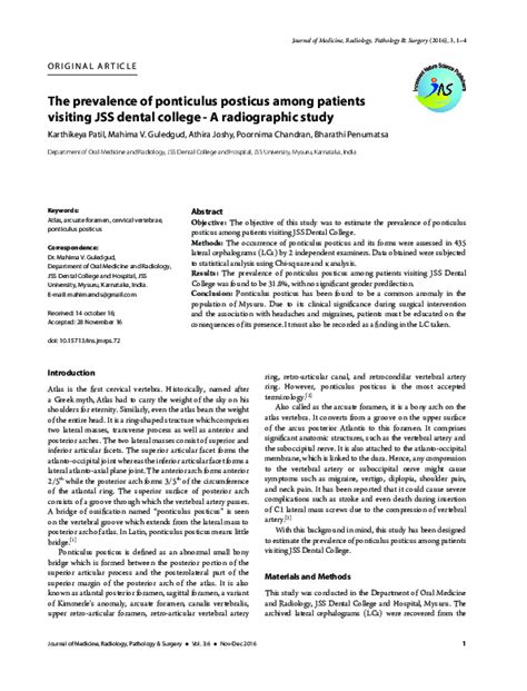 Pdf The Prevalence Of Ponticulus Posticus Among Patients Visiting Jss Dental College A