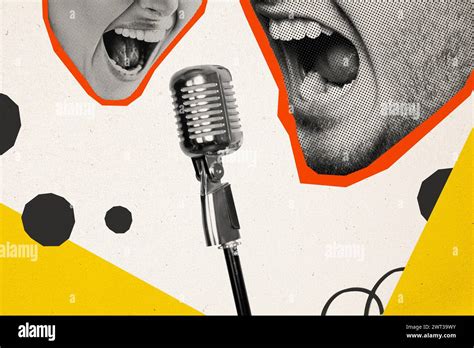 Creative Illustration Collage Two Human Faces Irritated Aggressive Emotion Reaction Screaming