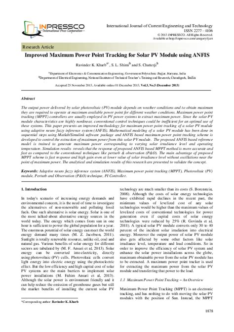 Pdf Improved Maximum Power Point Tracking For Solar Pv Module Using Anfis