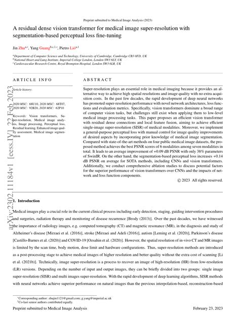 Pdf A Residual Dense Vision Transformer For Medical Image Super