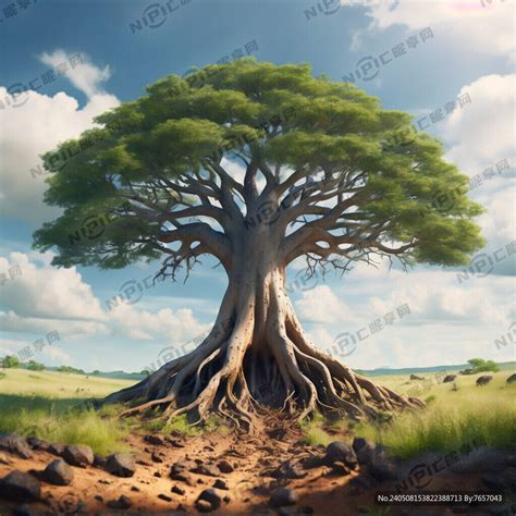 Ai创作图蓝天白云下草原上的一棵大树 能看到地面以下泥里树根系的生长 树木生长结构根系剖面图 昵图网