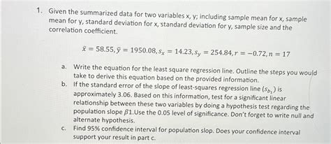 solved given the summarized data for two variables x y