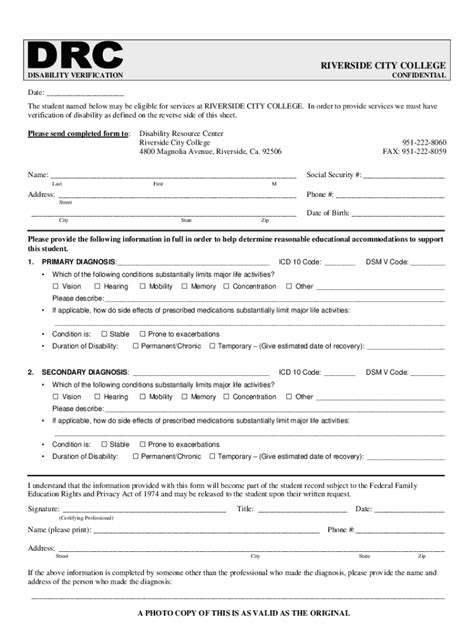 Fillable Online Disability Verification Form Riverside Rcc Fax