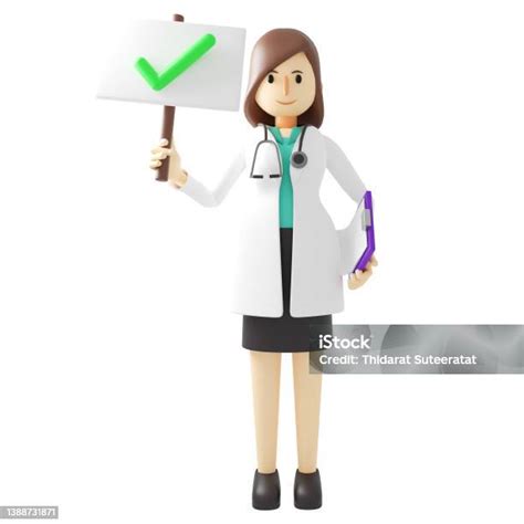 만화 캐릭터 3d 일러스트는 올바른 마크 판자 Signk 를 들고 여성 의사의 그림의료 병원 클리닉 삽화 개념 흰색으로 분리 3차원 형태에 대한 스톡 사진 및 기타 이미지