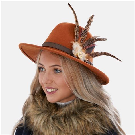 Jana Rust Fedora Hat With Feathers Grace And Dotty