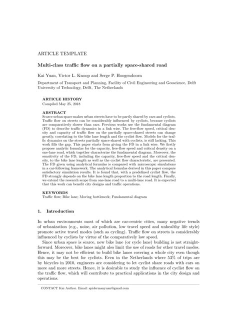 Pdf Multi Class Traffic Flow On A Partially Space Shared Road