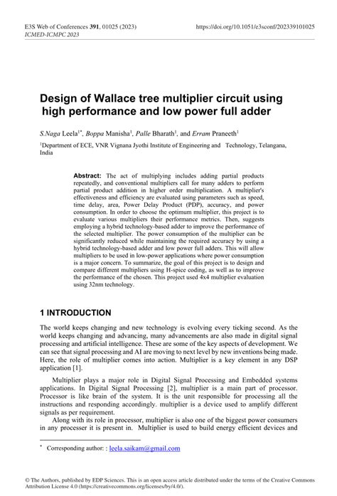 Pdf Design Of Wallace Tree Multiplier Circuit Using High Performance And Low Power Full Adder