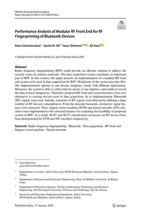 PDF Performance Analysis Of Modular RF Front End For RF Fingerprinting Of Bluetooth Devices