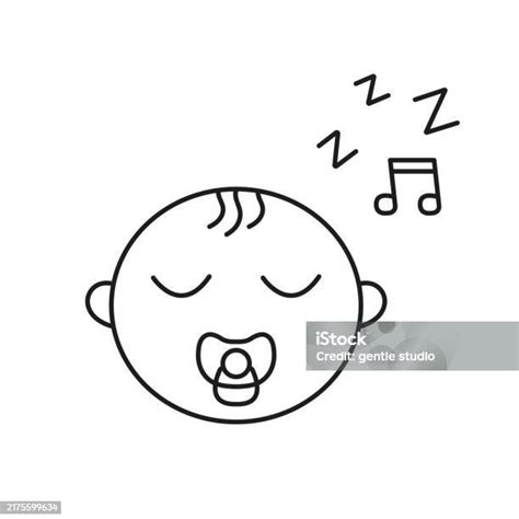 잠자는 아기 와 젖꼭지 선 아이콘 자장가와 Zzz 기호 윤곽선 기호가 있는 유아 편집 가능한 획 고립된 벡터 일러스트 레이 션 건강관리와 의술에 대한 스톡 벡터 아트 및