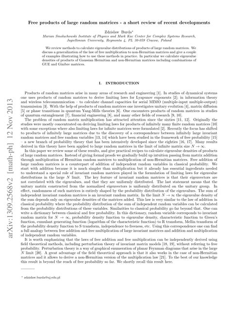 Pdf Free Products Of Large Random Matrices A Short Review Of Recent