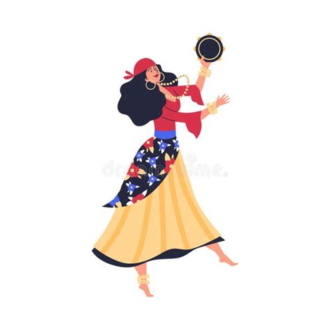 Gypsy Dancer Dancing With Tambourine Flat Vector Illustration Isolated