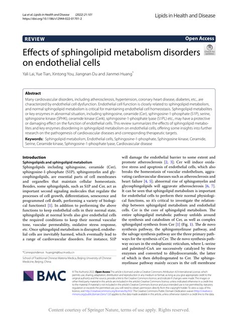 Pdf Effects Of Sphingolipid Metabolism Disorders On Endothelial Cells