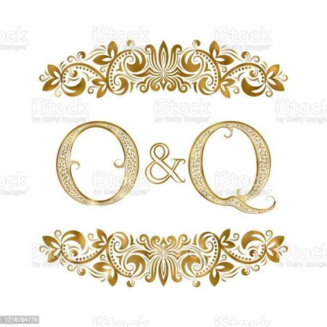 O 와 Q 빈티지 이심 기호입니다 편지는 장식 요소로 둘러싸여 있습니다 결혼식 또는 비즈니스 파트너 로얄 스타일의 모노그램 결혼식에 대한 스톡 벡터 아트 및 기타 이미지