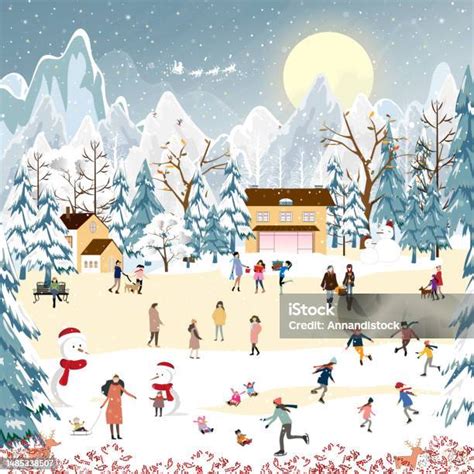 마을의 크리스마스 밤에 눈이 내리는 겨울 풍경 벡터 배너 공원에서 행복한 사람들 축하 메리 크리스마스 2024년 새해 카드 배경 놀기에 대한 스톡 벡터 아트 및 기타 이미지