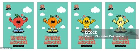 귀여운 캐릭터 사과 복숭아 레몬 배 그루비 만화 스타일 사이키델릭한 미소와 감정이 담긴 빈티지 포스터 70 년대 80 년대 복고풍 마스코트 펑키 벡터 일러스트 레이 션 0