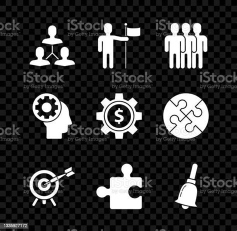 세트 프로젝트 팀 베이스 남자 들고 플래그 사용자 그룹 화살표 대상 퍼즐 조각 울리는 벨 내부 인간의 머리 기어 와 기어 달러