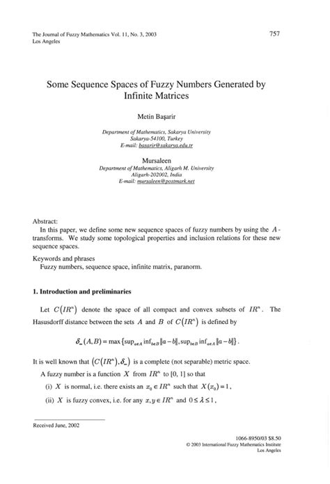 Pdf Some Sequence Spaces Of Fuzzy Numbers Generated By Infinite Matrices