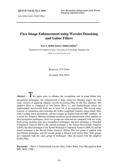 Pdf Face Recognition Enhancement Using Waveletlet Denoising And Gabor