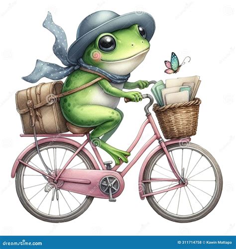 Frog Riding A Bicycle Clipart Watercolor Stock Vector Illustration Of