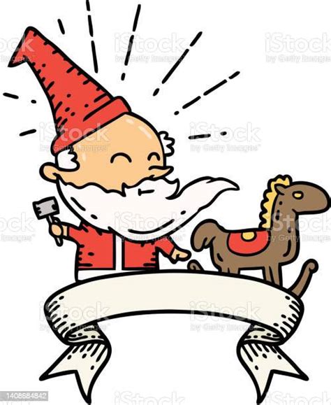 문신 스타일 산타 클로스 크리스마스 캐릭터가 장난감을 만드는 배너 꼬마 요정에 대한 스톡 벡터 아트 및 기타 이미지 꼬마 요정 디자인 만들기 Istock