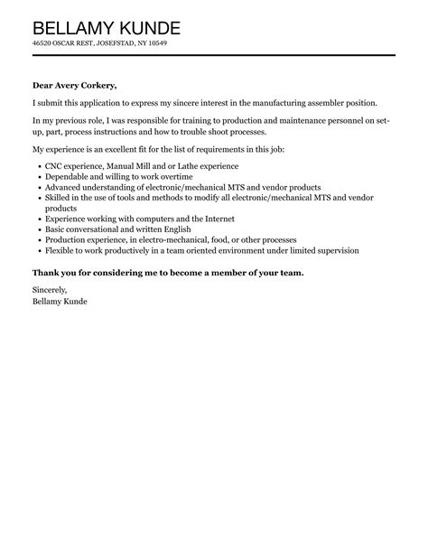 Manufacturing Assembler Cover Letter Velvet Jobs