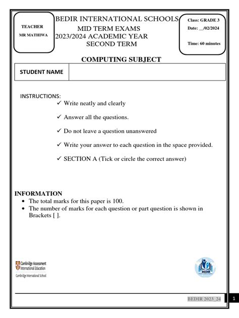 Grade 3 Computer Exams Mid Term 2 Pdf