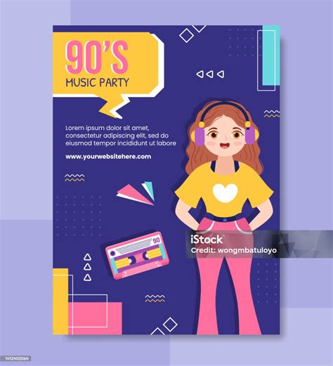 90 년대 레트로 파티 포스터 템플릿 플랫 만화 배경 벡터 일러스트 레이 션 1990 1999 년에 대한 스톡 벡터 아트 및 기타 이미지 1990 1999 년 1990