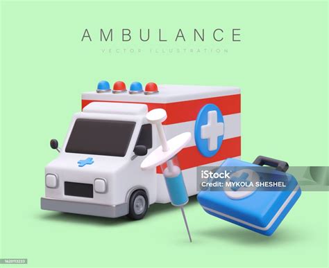 3d 구급차와 의료 지원을 위한 키트가 있는 다채로운 웹 포스터 구급차 용품 의료 서비스 3차원 형태에 대한 스톡 벡터 아트 및