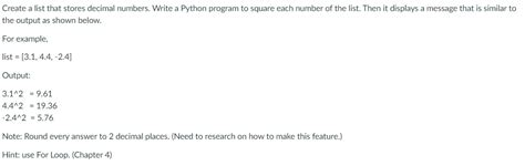 Solved Create A List That Stores Decimal Numbers Write A Chegg