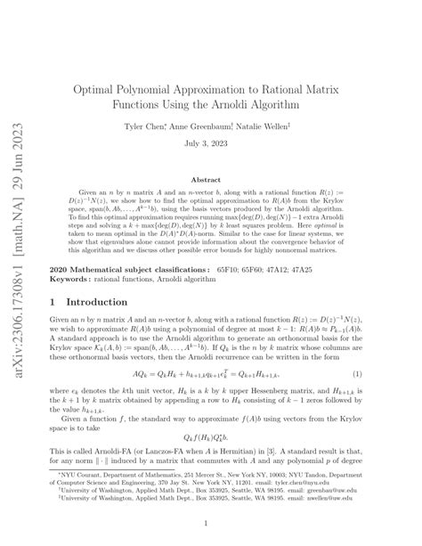 PDF Optimal Polynomial Approximation To Rational Matrix Functions Using The Arnoldi Algorithm