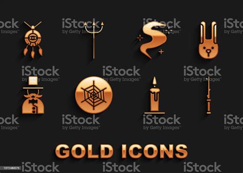 세트 거미 줄 귀토끼 매직 지팡이 촛대 마술사 안개 또는 연기 드림 포수 깃털과 해왕성 트라이던트 아이콘에 불타는 촛불 벡터 0명에 대한 스톡 벡터 아트 및 기타 이미지