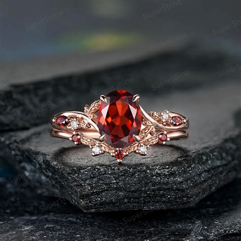Oval Shaped Garnet Engagement Ring Set 14k Rose Gold Leaf Floral