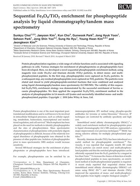 Pdf Sequential Fe3o4 Tio2 Enrichment For Phosphopeptide Analysis By Liquid Chromatography