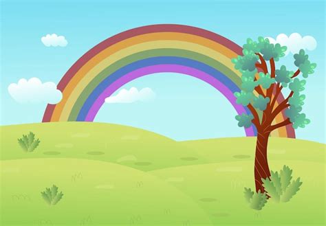 Premium Vector Grass Field With Rainbow Tree Clouds On Background