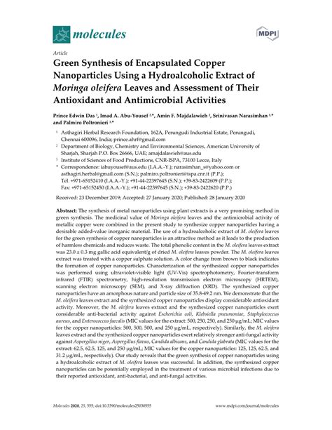 Pdf Green Synthesis Of Encapsulated Copper Nanoparticles Using A Hydroalcoholic Extract Of