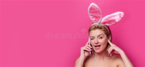Funny Easter Bunny Woman Calling With Cell Phone Easter Banner Mockup