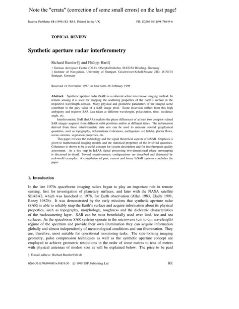 Pdf Synthetic Aperture Radar Interferometry