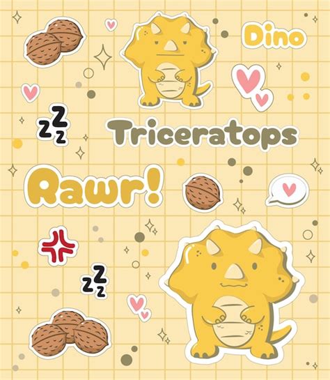 귀여운 공룡 트리케라톱스 스티커 세트 프리미엄 벡터