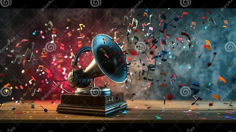 Exploding Music Notes Around A Vintage Gramophone In Vivid Motion Stock