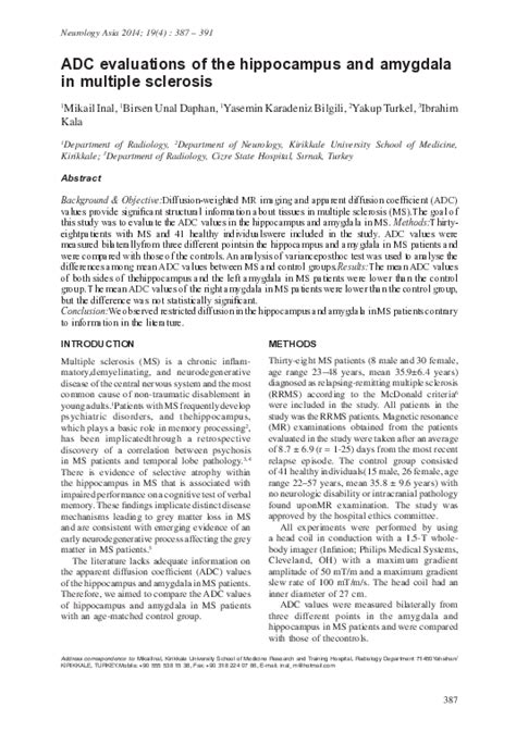 Pdf Adc Evaluation Of The Corticospinal Tract In Multiple Sclerosis