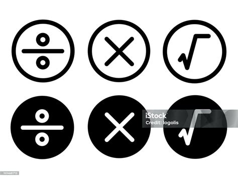 더하기 빼기 곱하기 집합 Devide 루트 수학 기호 현대 스타일 아이콘은 흰색과 검은 색 배경에 있습니다 팩에는 여섯 개의 아이콘이 있습니다 0명에 대한 스톡 벡터 아트