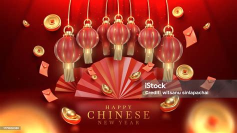 3d 현실적인 중국 설날 장식과 반짝이 조명 효과 장식 및 Bokeh와 빨간색 고급 배경 벡터 일러스트 레이 션입니다 3차원 형태에 대한 스톡 벡터 아트 및 기타 이미지