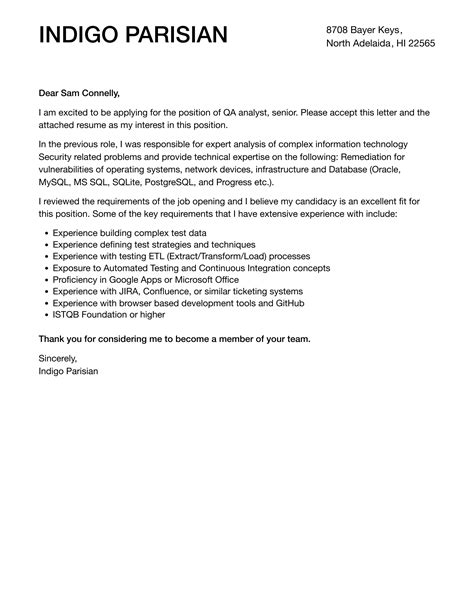 QA Analyst Senior Cover Letter Velvet Jobs