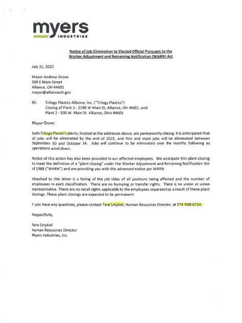 Warn Letter For Trilogy Plastics Pdf