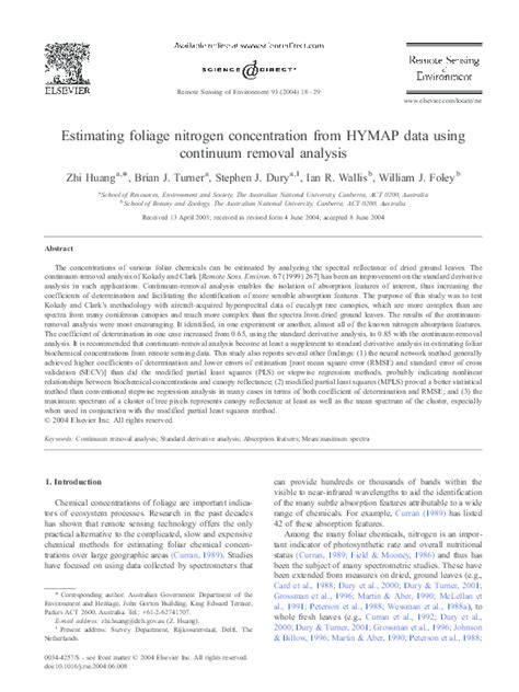Pdf Estimating Foliage Nitrogen Concentration From Hymap Data Using
