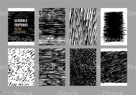 그런지 텍스처 세트 추상적인 낙서 배경 브러시 스트로크 반점 긁힘 줄무늬 점 흰색 배경에 격리된 흑백 벡터 삽화를 스케치합니다