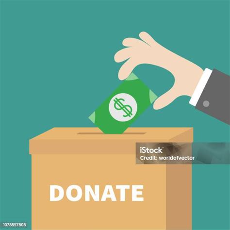 인간의 손을 기부금 종이 골 판지 상자에 달러 기호 황금 동전 돈을 걸고 돕는 손 개념 텍스트를 기부 평면 디자인 스타일입니다 녹색 배경입니다 개념에 대한 스톡 벡터 아트