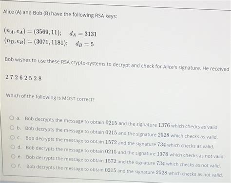 solved alice a and bob b have the following rsa keys