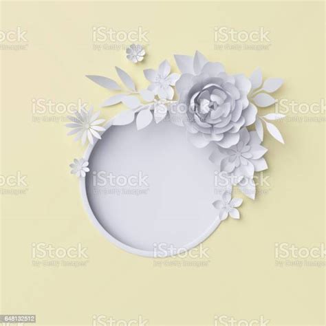 3 차원 일러스트 레이 션 흰 종이 꽃 노란 파스텔 장식 꽃 배경 라운드 프레임 화 환 3차원 형태에 대한 스톡 사진 및 기타